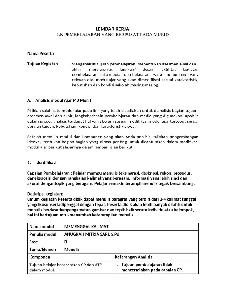 Contoh Pengerjaan LK Pembelajaran Yang Berpusat Pada Murid | PDF