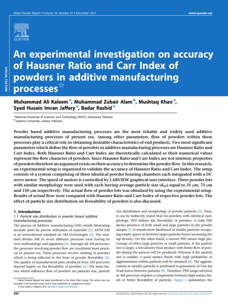 Carr Index and Hausner Ratio | PDF