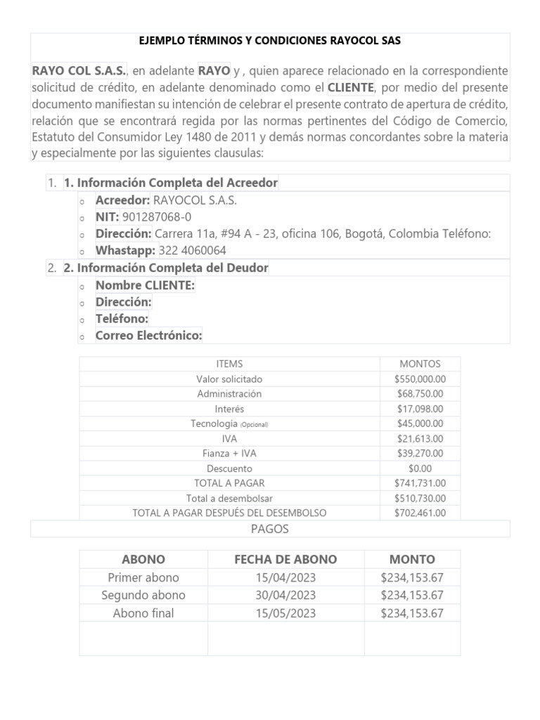 Rayo Col S.A.S. Rayo Cliente: Ejemplo Términos Y Condiciones Rayocol ...
