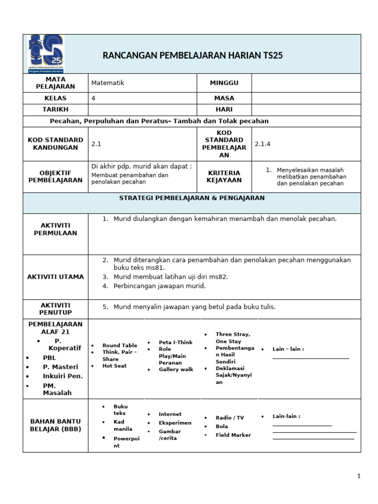 RPH Matematik Tahun 4 KSSR Semakan 2 Pecahan, Perpuluhan Da Peratus ...