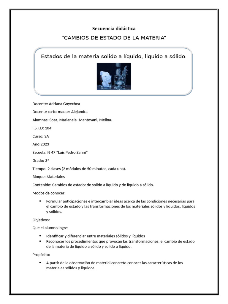 SECUENCIA DIDACTICA Ciencias Naturales Los Materiales 3A AÑO 2023 | PDF