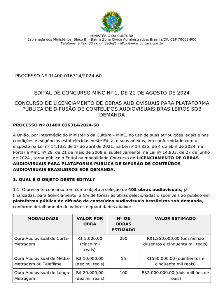 Edital de Concurso Minc No 1 de 21 de Agosto de 2024 1 | PDF