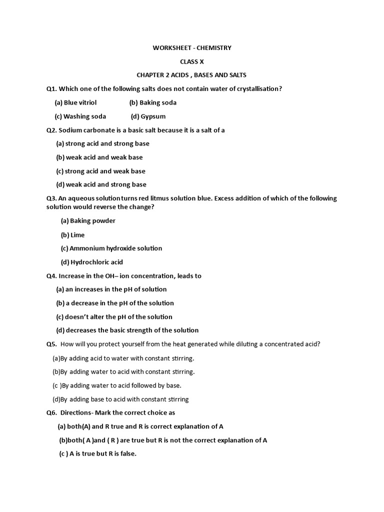 WORKSHEET CH 2 ACIDS BASES AND SALTS | PDF