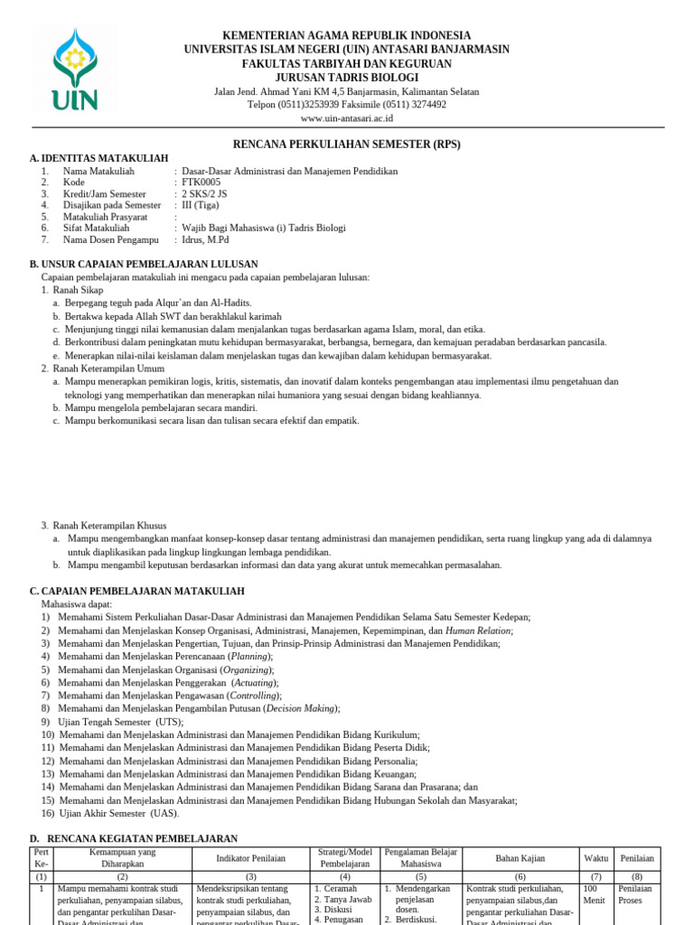 RPS Dasar-Dasar Administrasi Dan Manajemen Pendidikan | PDF