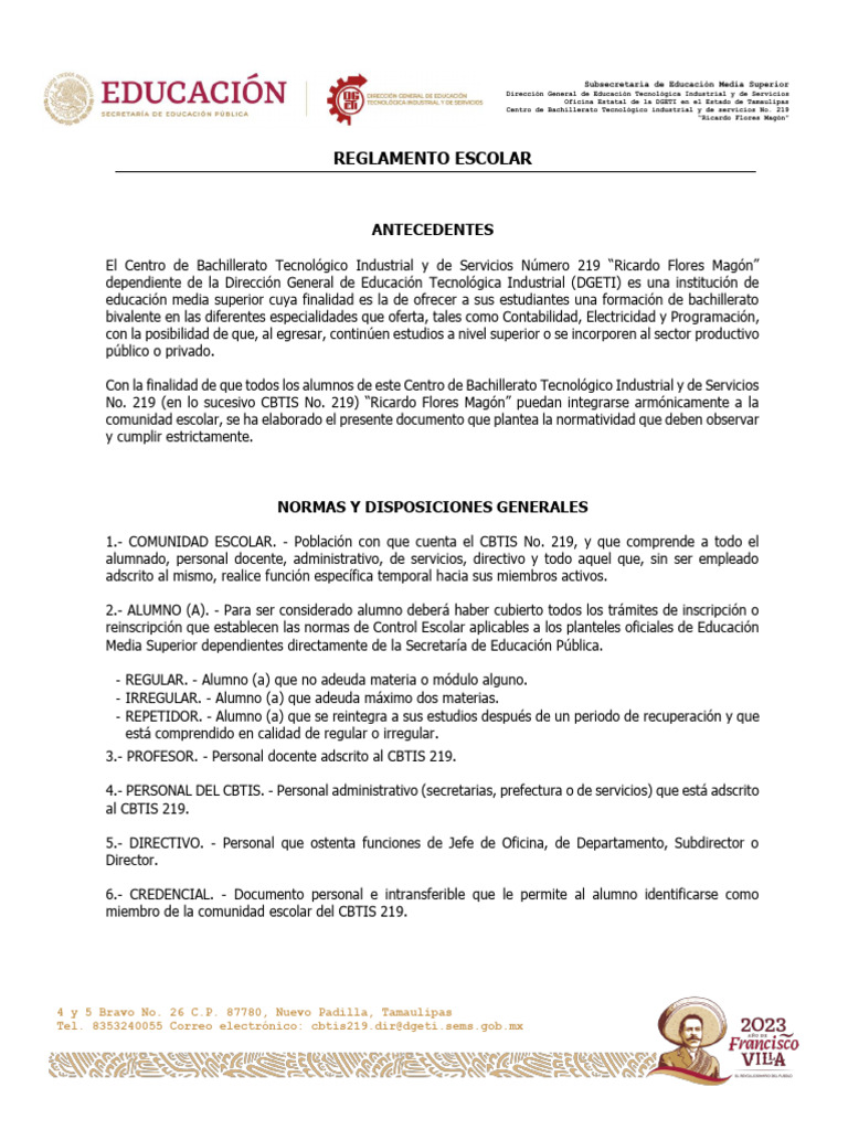Reglamento Escolar Cbtis 219 Enero 2023 | PDF | Maestros | Educación ...