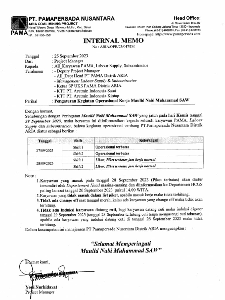 Internal Memo Libur Maulid Nabi Muhammad Saw | PDF