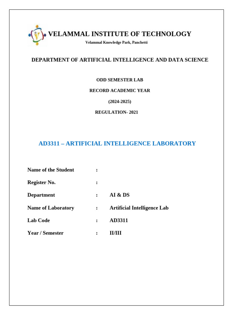 Ad3311 - Ai Lab Manual Final | PDF