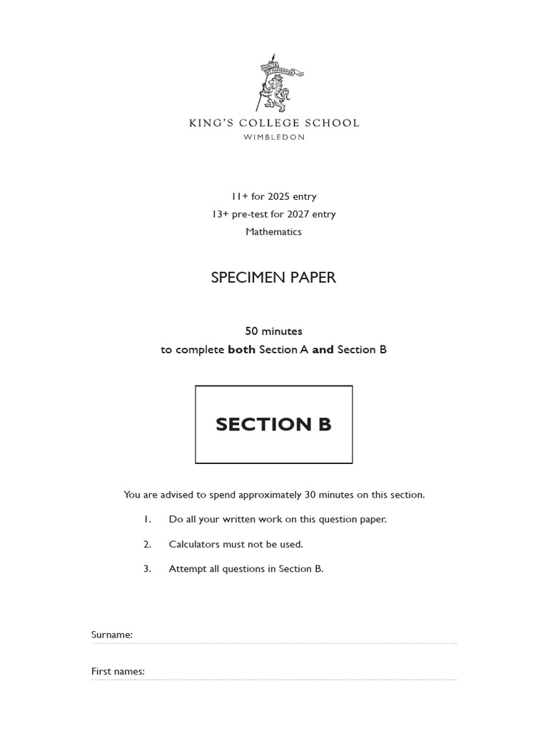 Maths B 11plus 2025 13plus Pre Test 2027 Specimen Paper | PDF