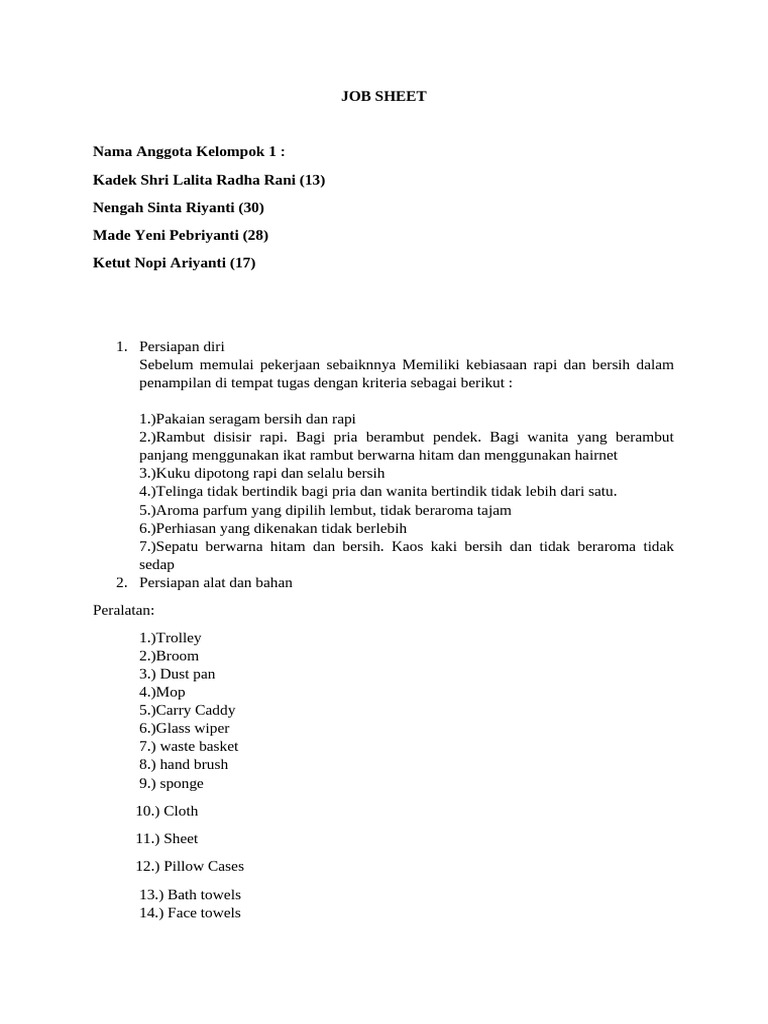 Draft Job Sheet Penataan Kamar Tamu-2 | PDF