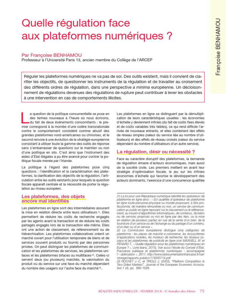 Quelle Regulation Face Aux Plateformes Numeriques | PDF
