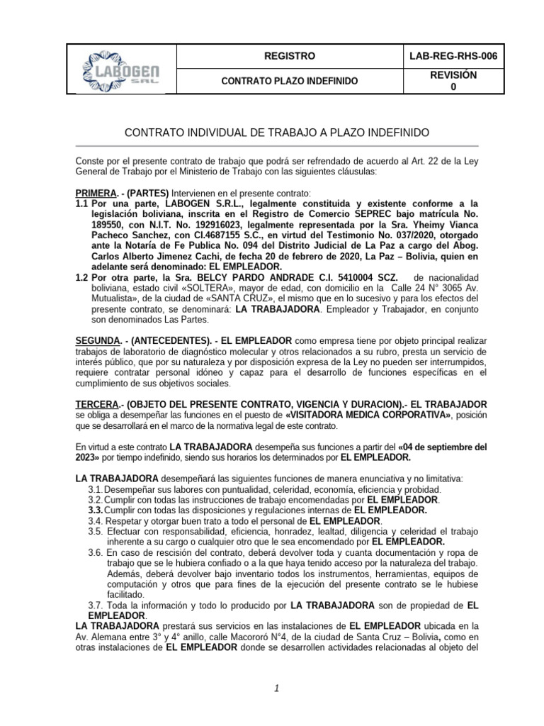 LAB-REG-RHS-006 CONTRATO PLAZO INDEFINIDO Rev0 | PDF