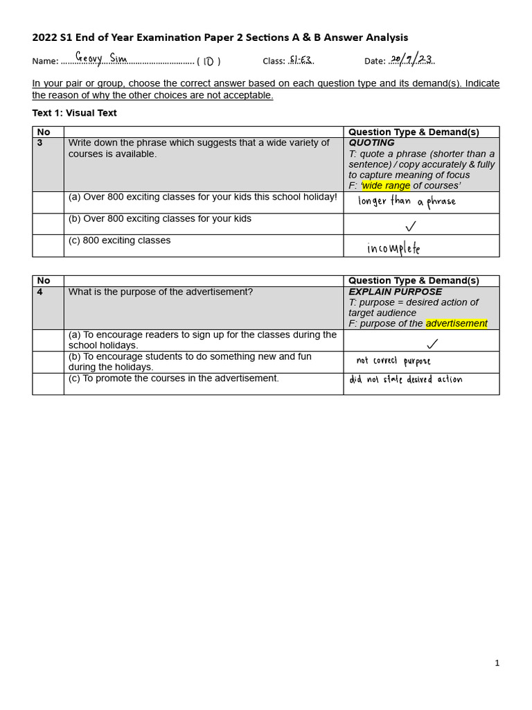 Geovy Sim en Qi (TKGS) - 2022 P2SA and B Answer Analysis | PDF
