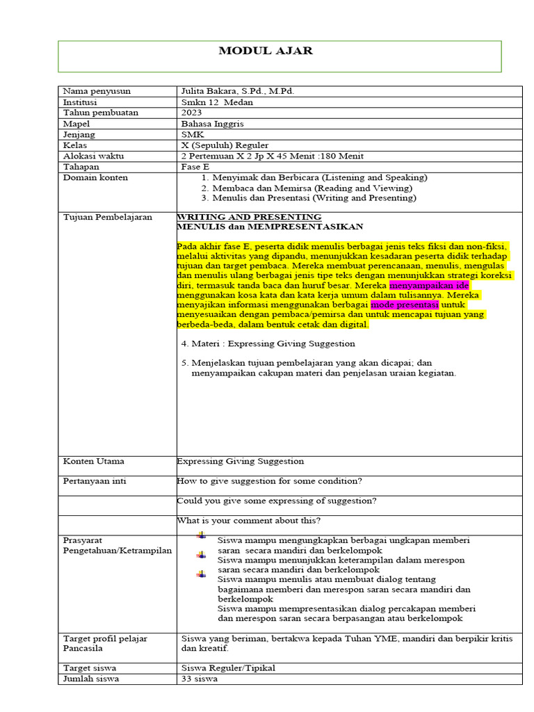 Modul Ajar Topik Expressing Suggestion | PDF