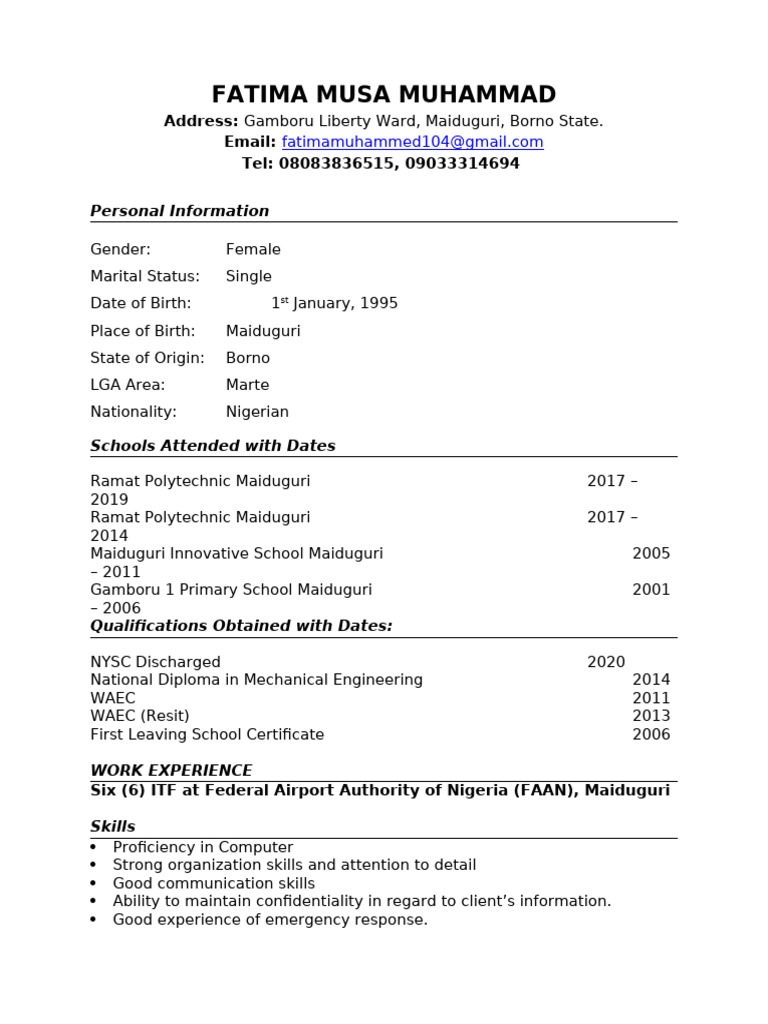 Fatima Musa Muhammad Cv-2 | PDF