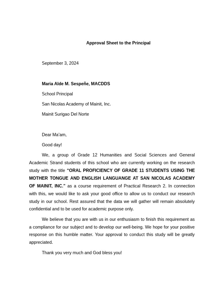 Approval Sheet To The Principal | PDF