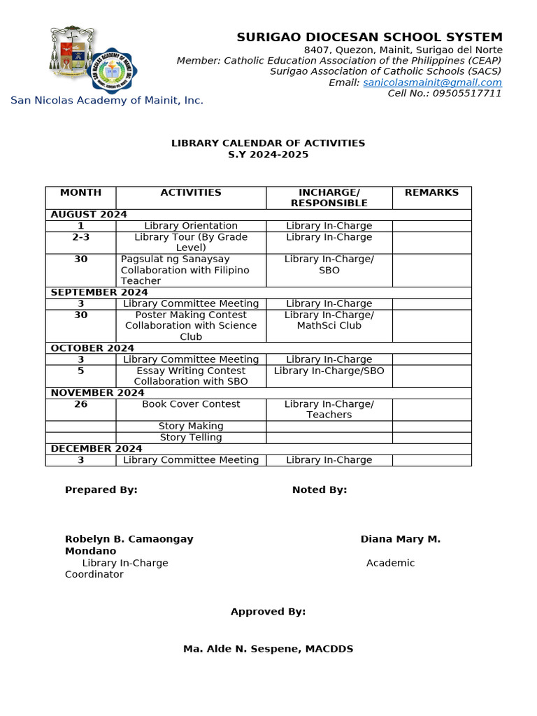 Library Calendar of Activities 2024-2025 | PDF