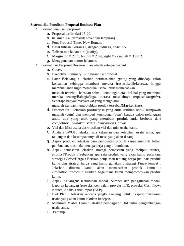 Sistematika Penulisan Proposal Business Plan | PDF