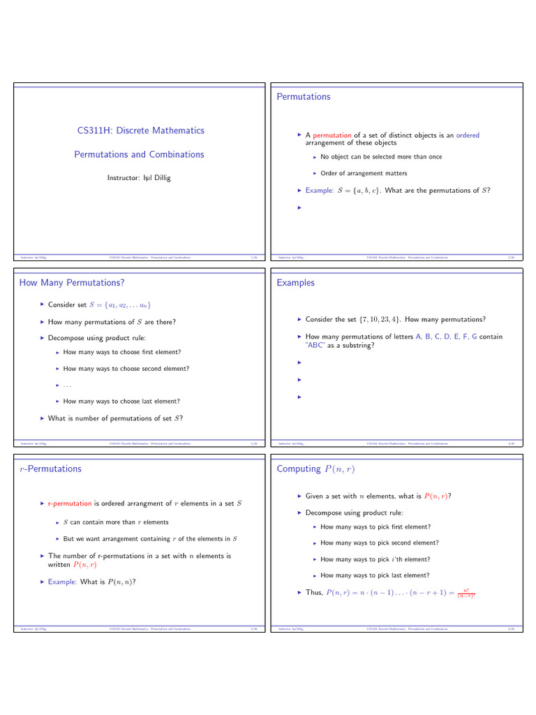 Lecture Combinatorics2 6up | PDF | Permutation | Mathematical Concepts