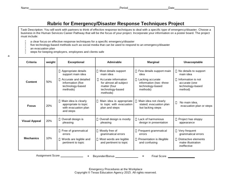 Rubric For Emergency Disaster Response Techniques Project | PDF