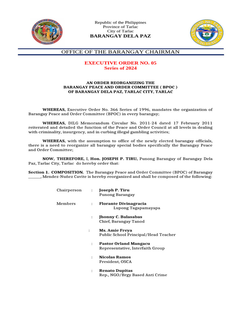 Eo 05 Barangay Peace and Order Council | PDF | Legal Action | Crime ...
