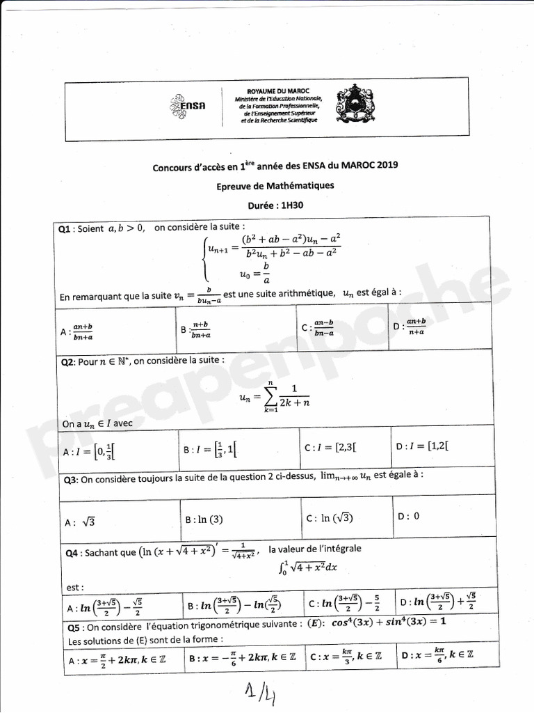 Exemple-concours-ENSA-2019-math | PDF