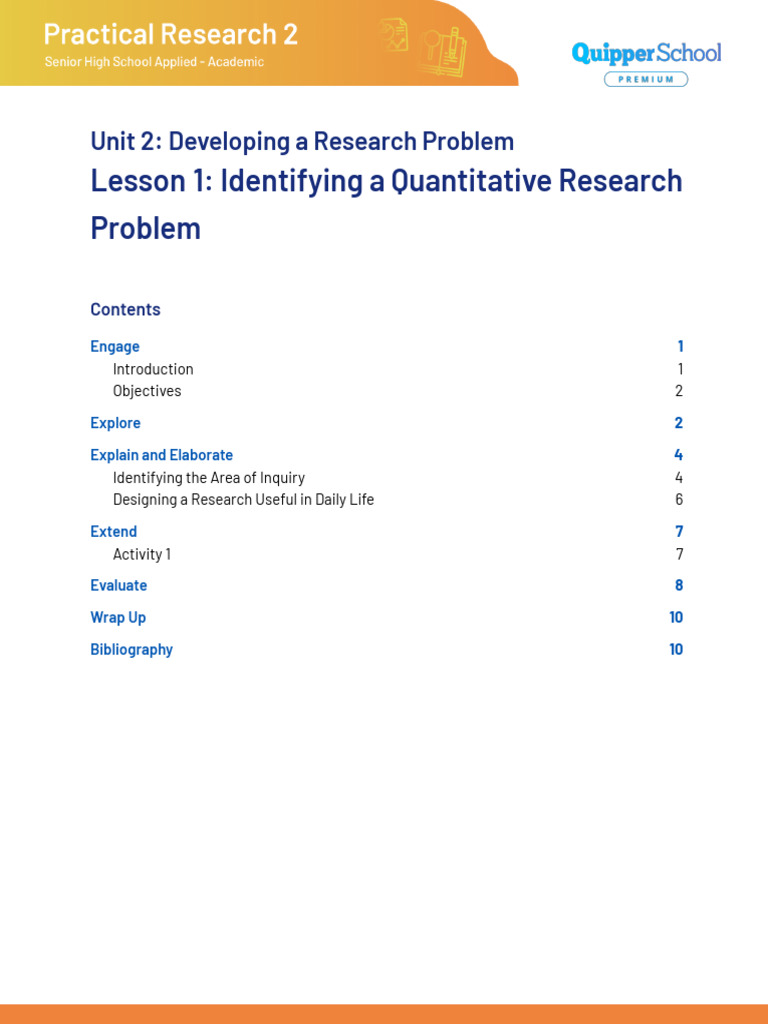 FINAL SG - PR2 11 - 12 - UNIT 2 - LESSON 1 - Identifying A Quantitative Research Problem | PDF