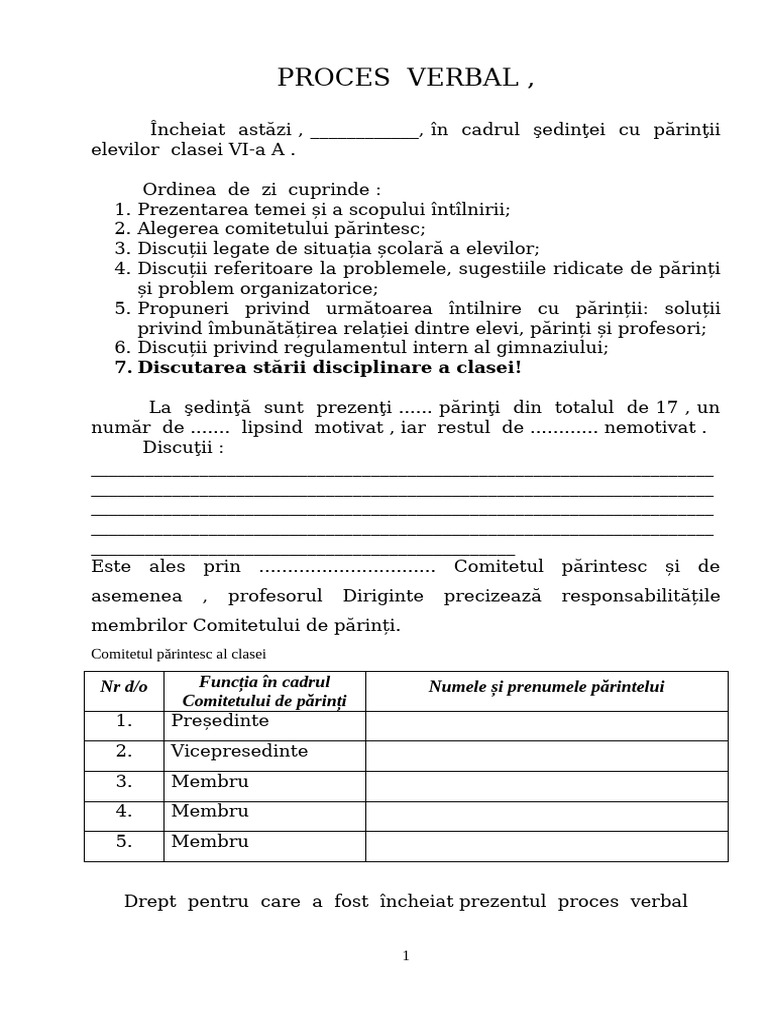 Proces Verbal ,: 7. Discutarea Stării Disciplinare A Clasei! | PDF