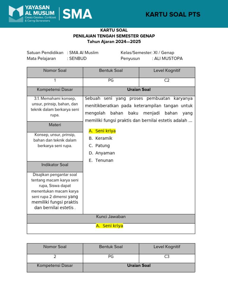 Kartu Soal PTS Ganjil KLS X 2024 | PDF