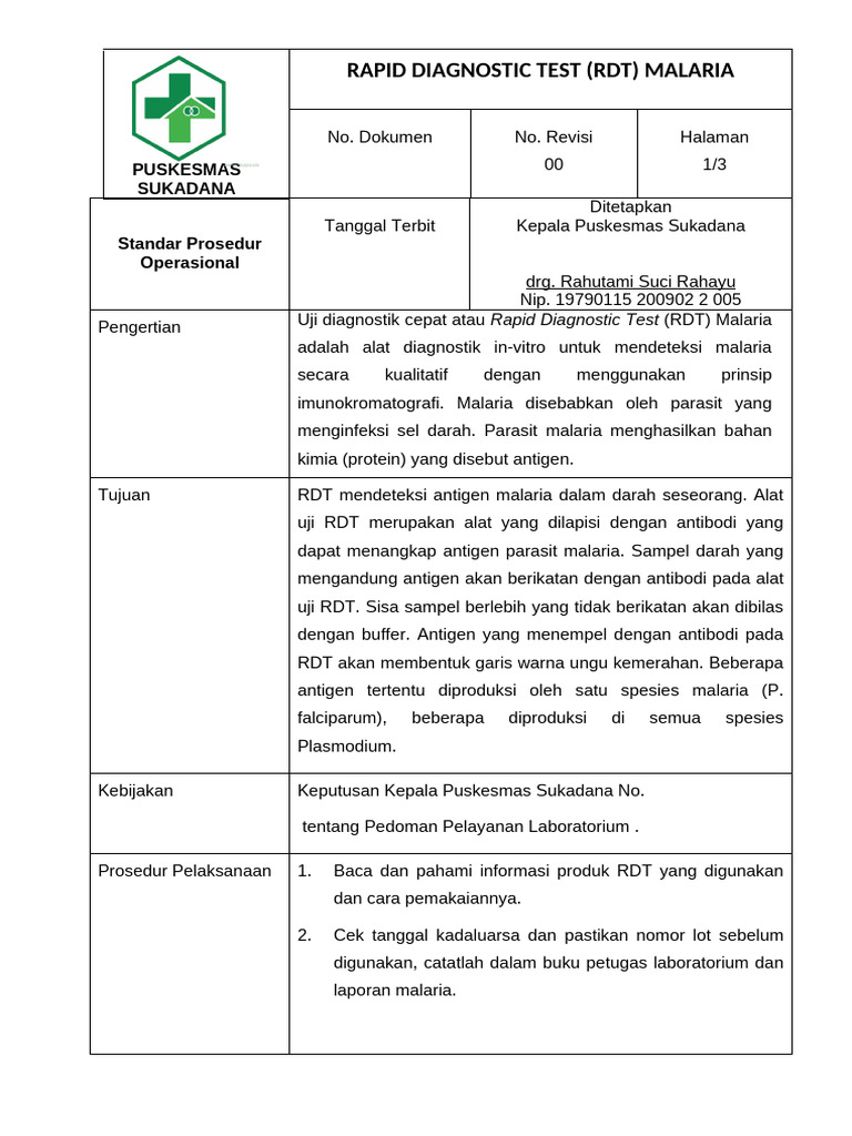 Rapid Diagnostic Test (RDT) Malaria: Puskesmas Sukadana | PDF