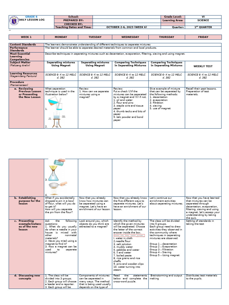 DLL - Science 6 Week 6 - Q1 | PDF | Filtration | Materials