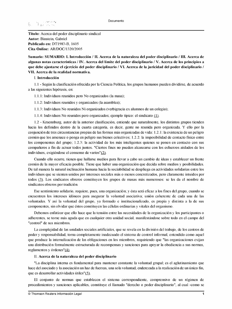 1.binstein Acerca Del Poder Disciplinario Sindical | PDF