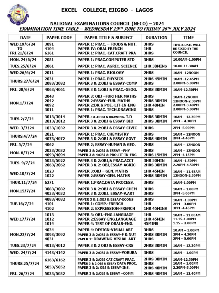 Neco 2024 Time Table-Excel | PDF