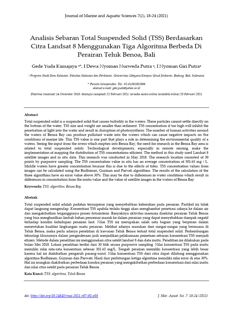 Analisis Sebaran Total Suspended Solid (TSS) Berdasarkan Citra Landsat 8 Menggunakan Tiga ...