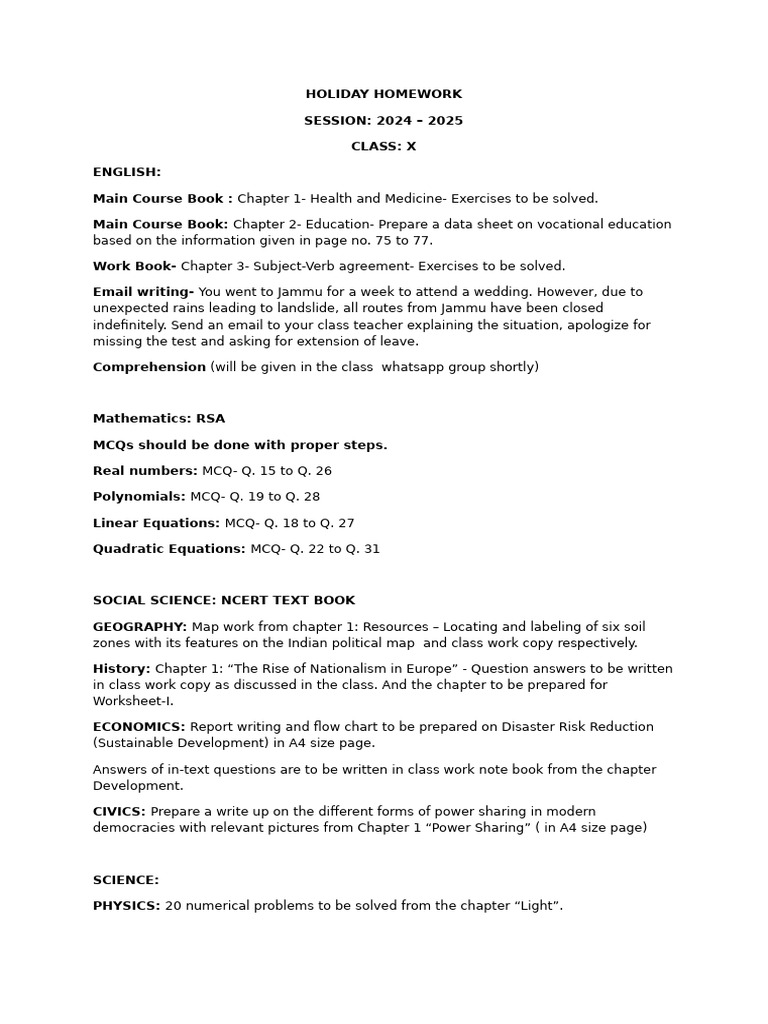 Holiday Homework Class 10 Session24 25 | PDF