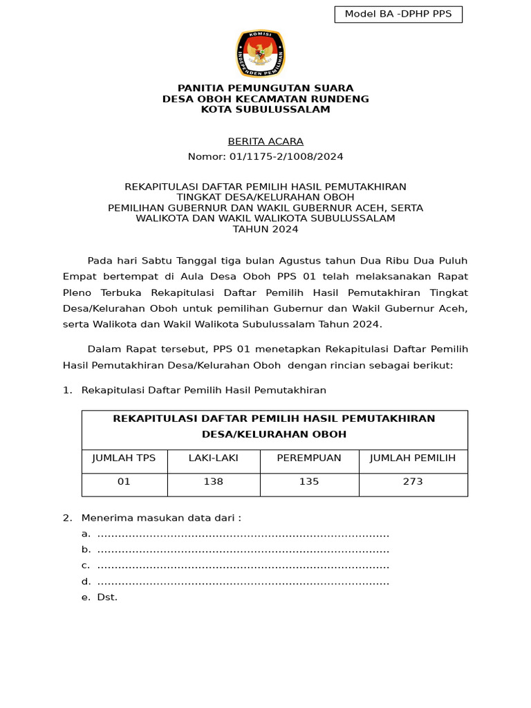 Berita Acara Dphp Pps Oboh Pdf