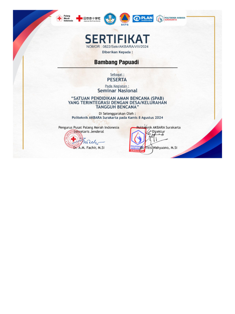 Sertifikat PRB 1 2024bambang Papuadi | PDF