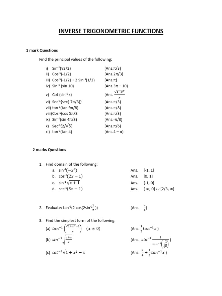 Inverse Trigonometric Functions Assignment Class 12-1-1 | PDF
