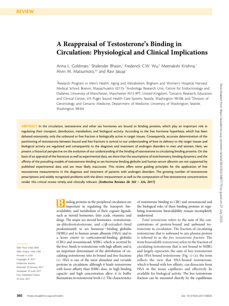 A Reappraisal of Testosterone's Binding in Circulation Physiological ...