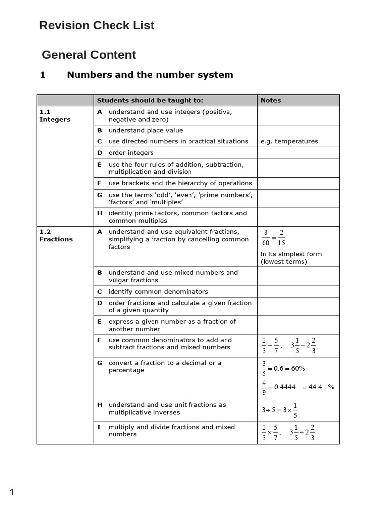 OIA IGCSE (9-1) Mathematics Revision Check List 1 | PDF | Numbers | Ratio