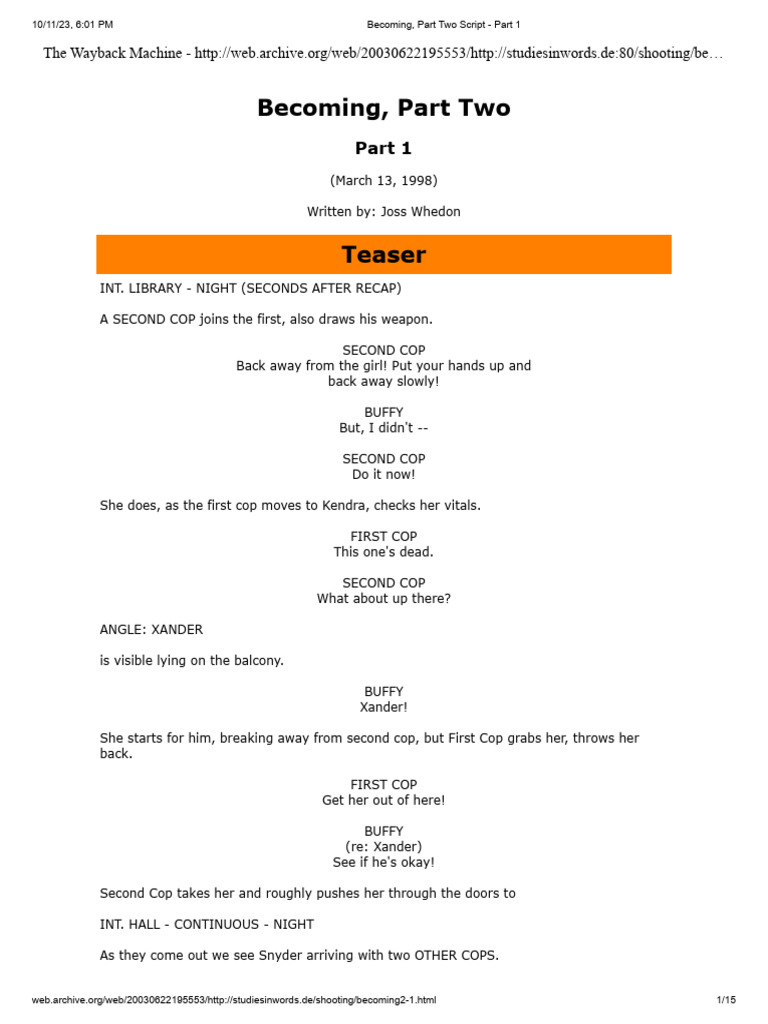 BUFFY Becoming, Part Two Script - Part 1 | PDF