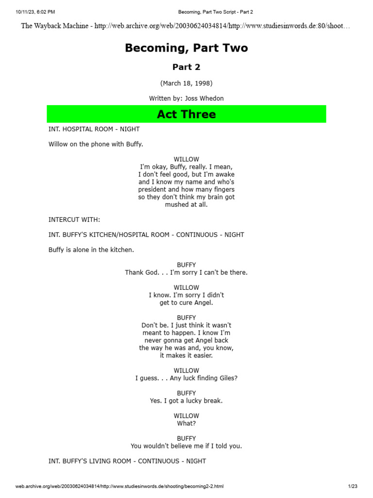 BUFFY Becoming, Part Two Script - Part 2 | PDF