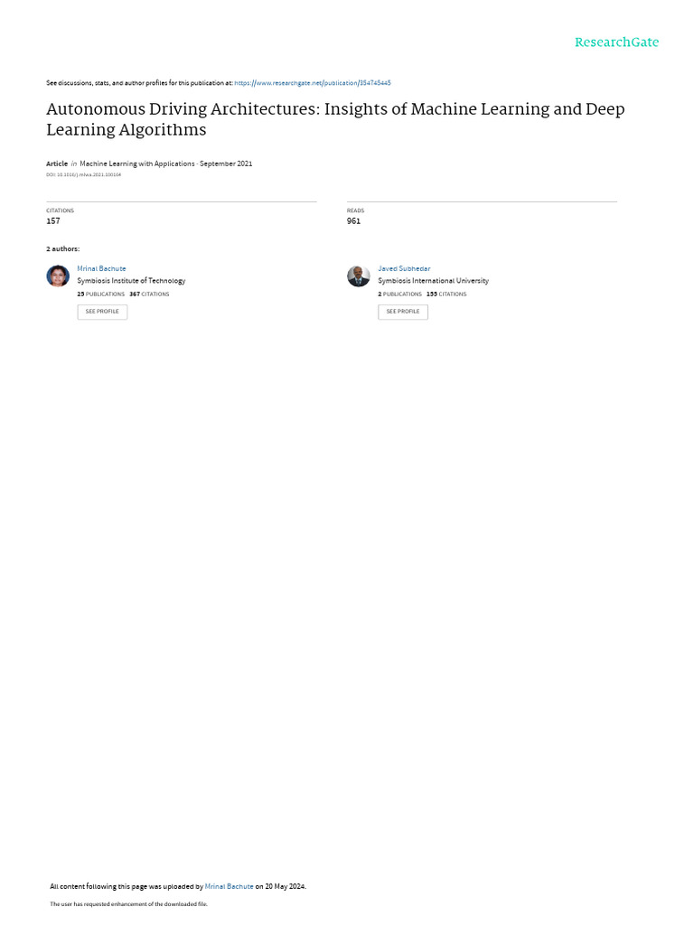 Autonomous Driving Architectures Insights of Machine Learning and DeepLearning Algorithms | PDF