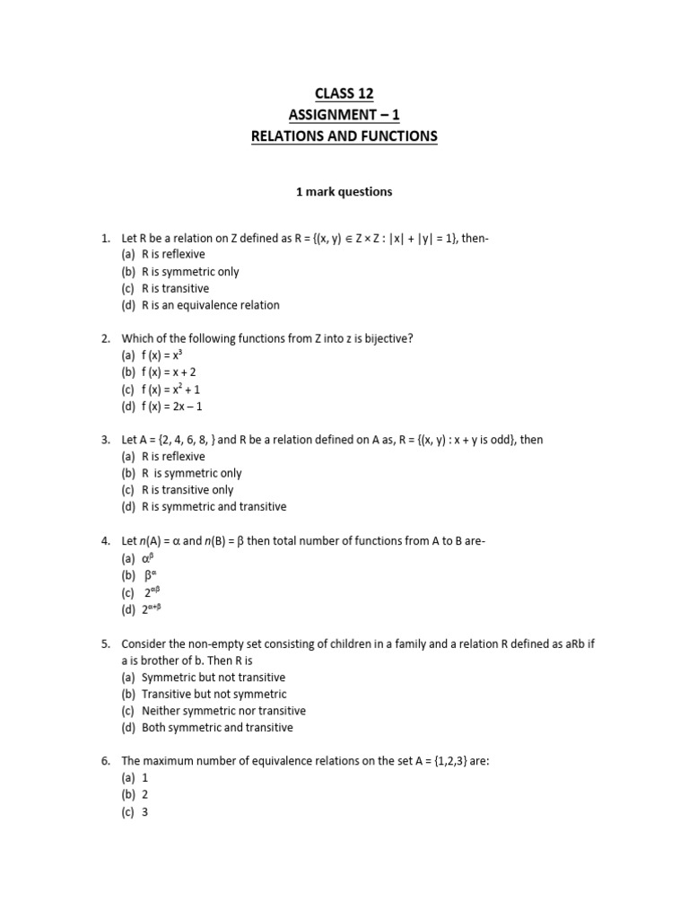 Class 12 Assignment 1 Relations and Functions: 1 Mark Questions | PDF