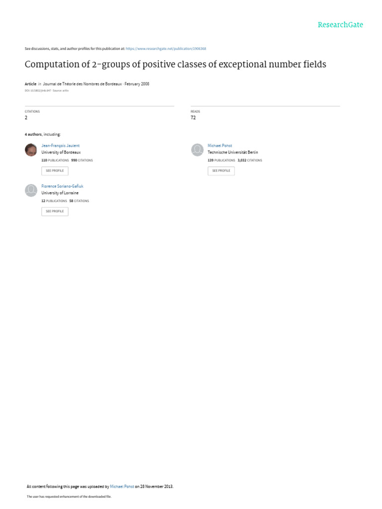 Computation of 2-Groups of Positive Classes of Exceptional Number Fields | PDF