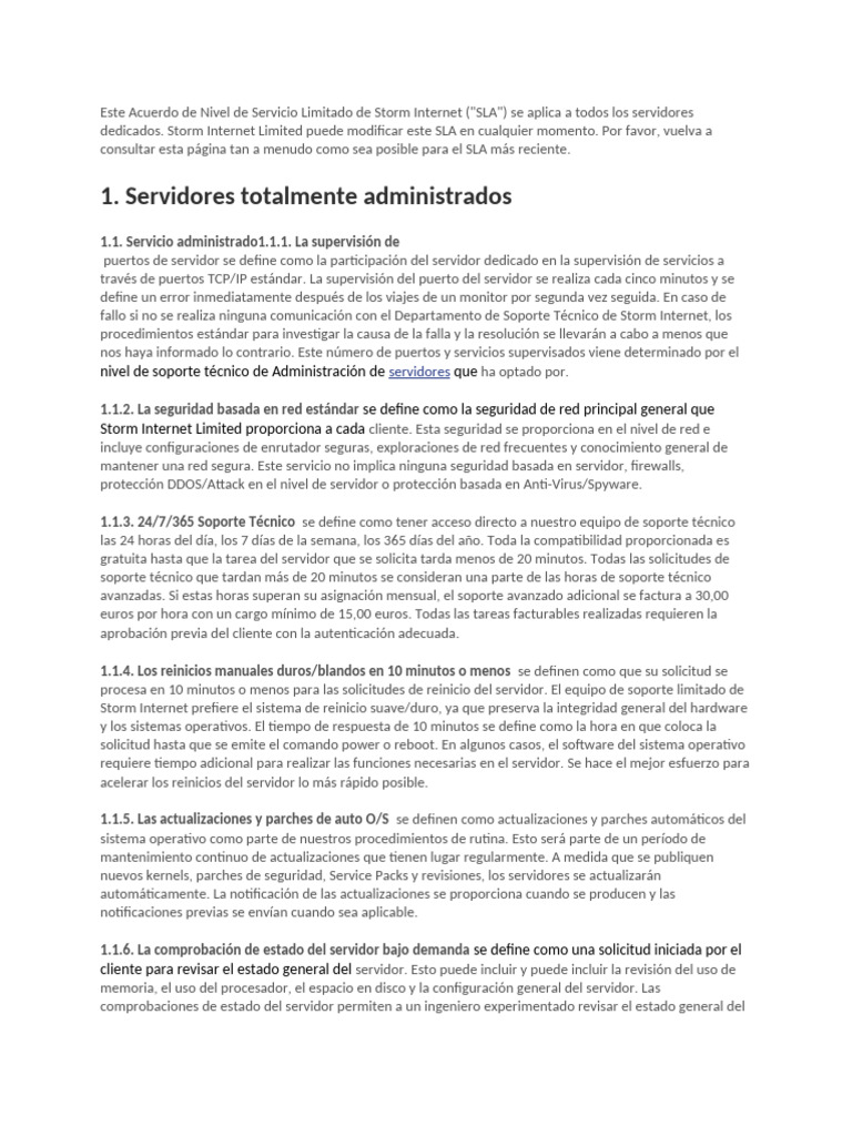 Service Level Agreement Server Management Spanish | PDF