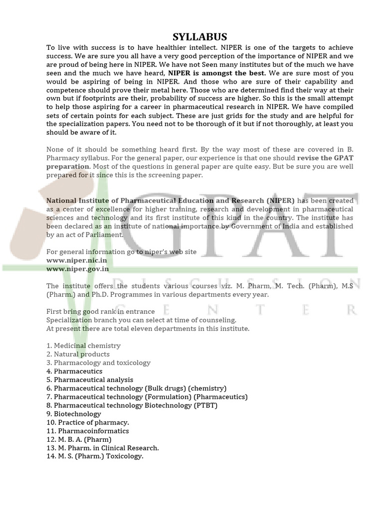 NIPER Syllabus GDC | PDF