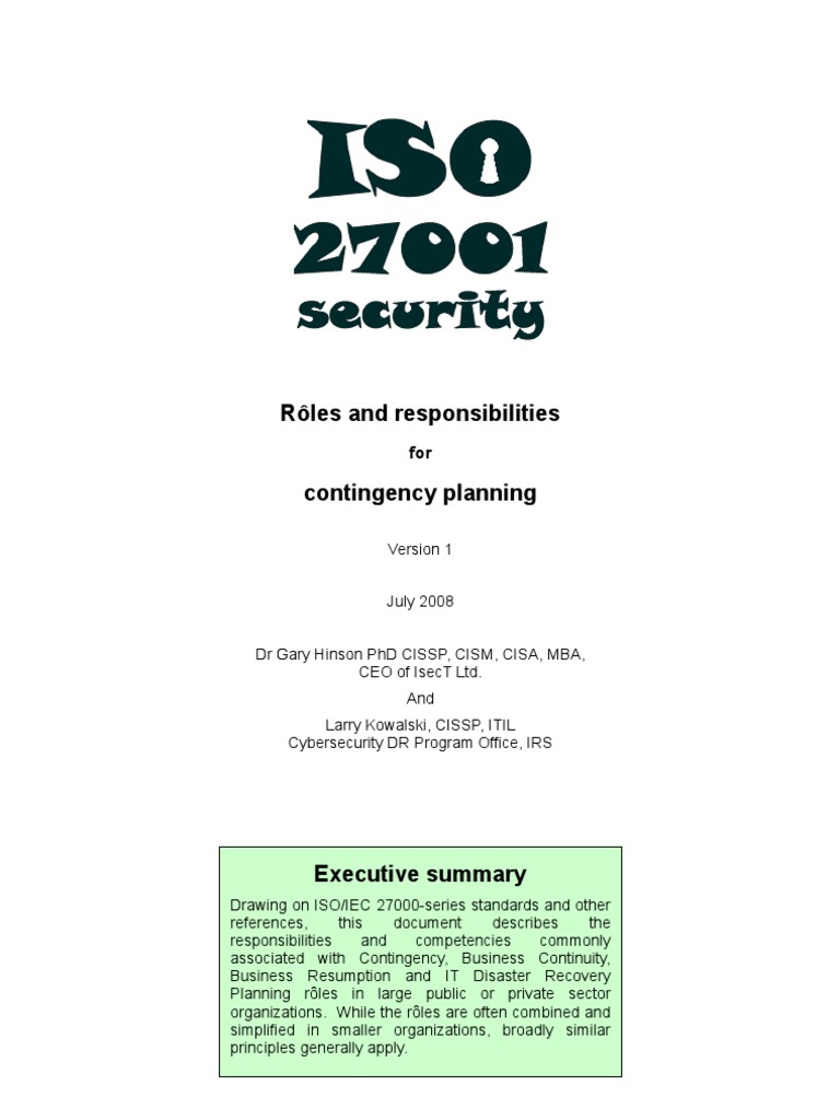 ISO27k Roles and Responsibilities For Contingency Planning | PDF ...