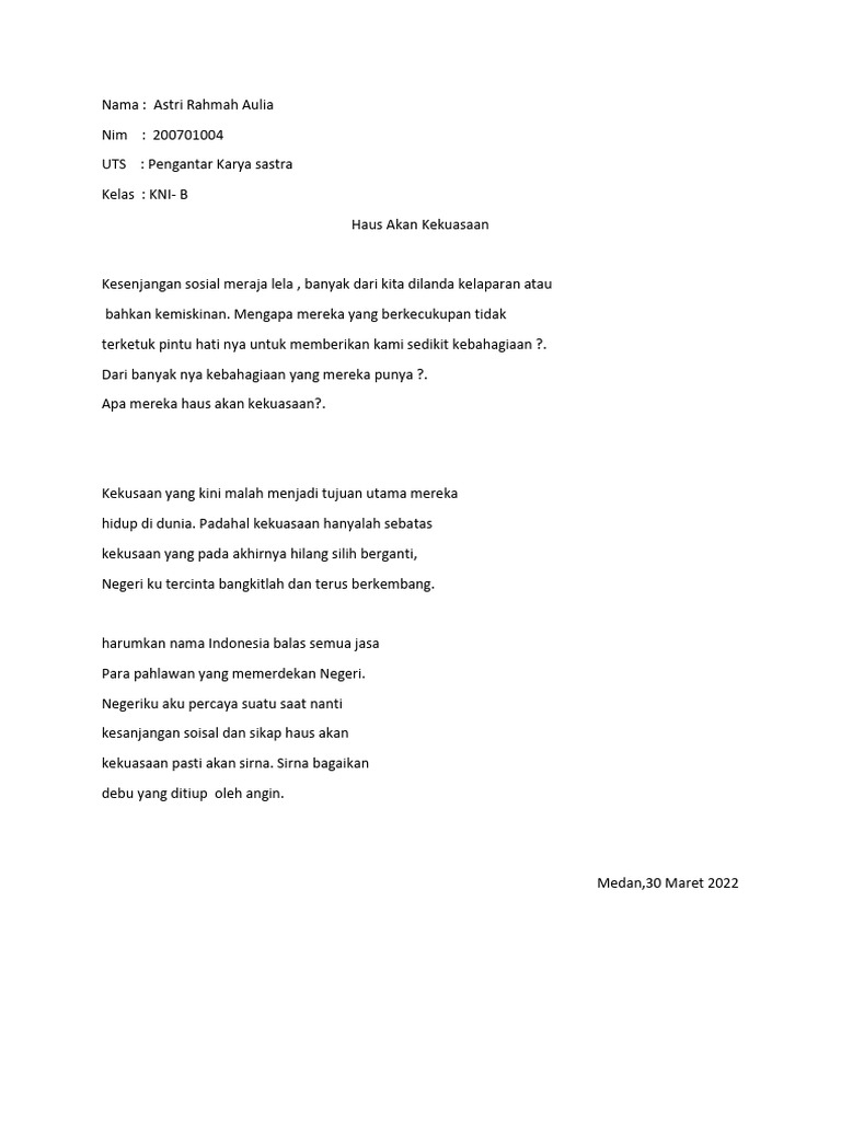 Astri Rahmah Aulia - Uts Pengantar Karya Sastra | PDF