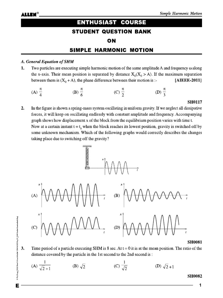 Worsksheet - 1 Topic SHM | PDF