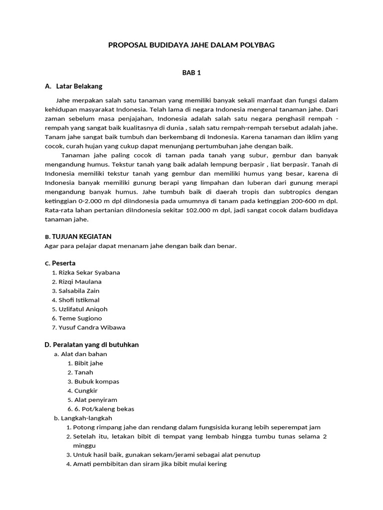 Proposal Budidaya Jahe Dalam Polybag 2 Sopi | PDF